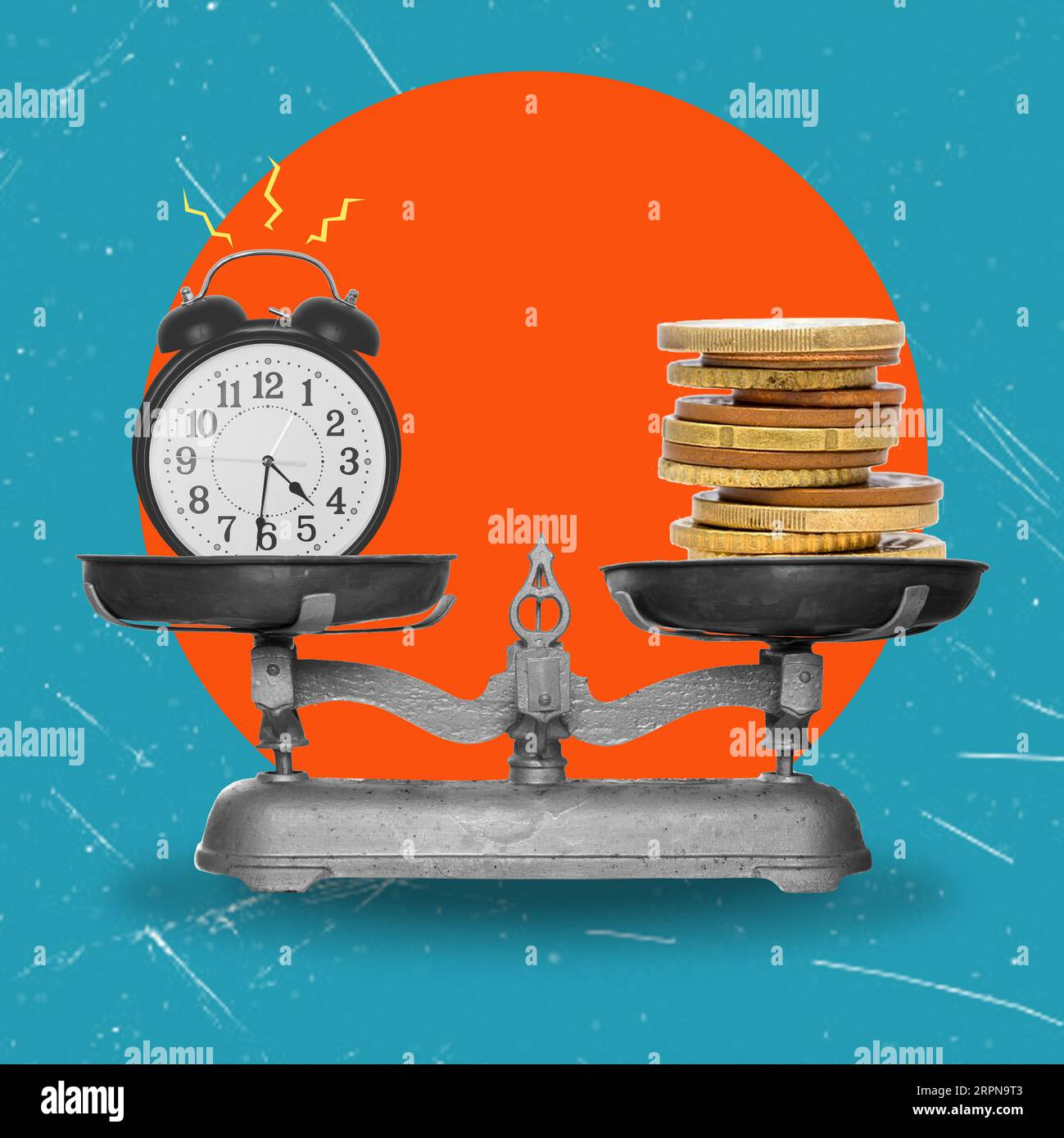 Art Collage, Scales on an Orange Background. On one side, money; on the ...