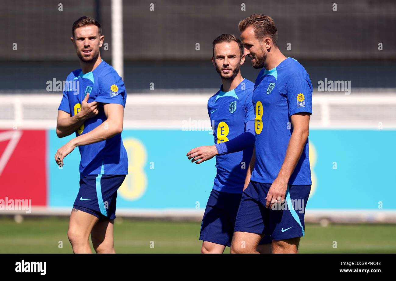 England's Jordan Henderson, James Maddison and Harry Kane (left-right ...