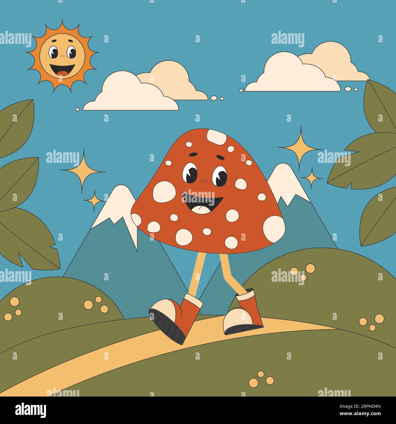 Groove retro poster sun cute mushroom walk in nature. Vector ...