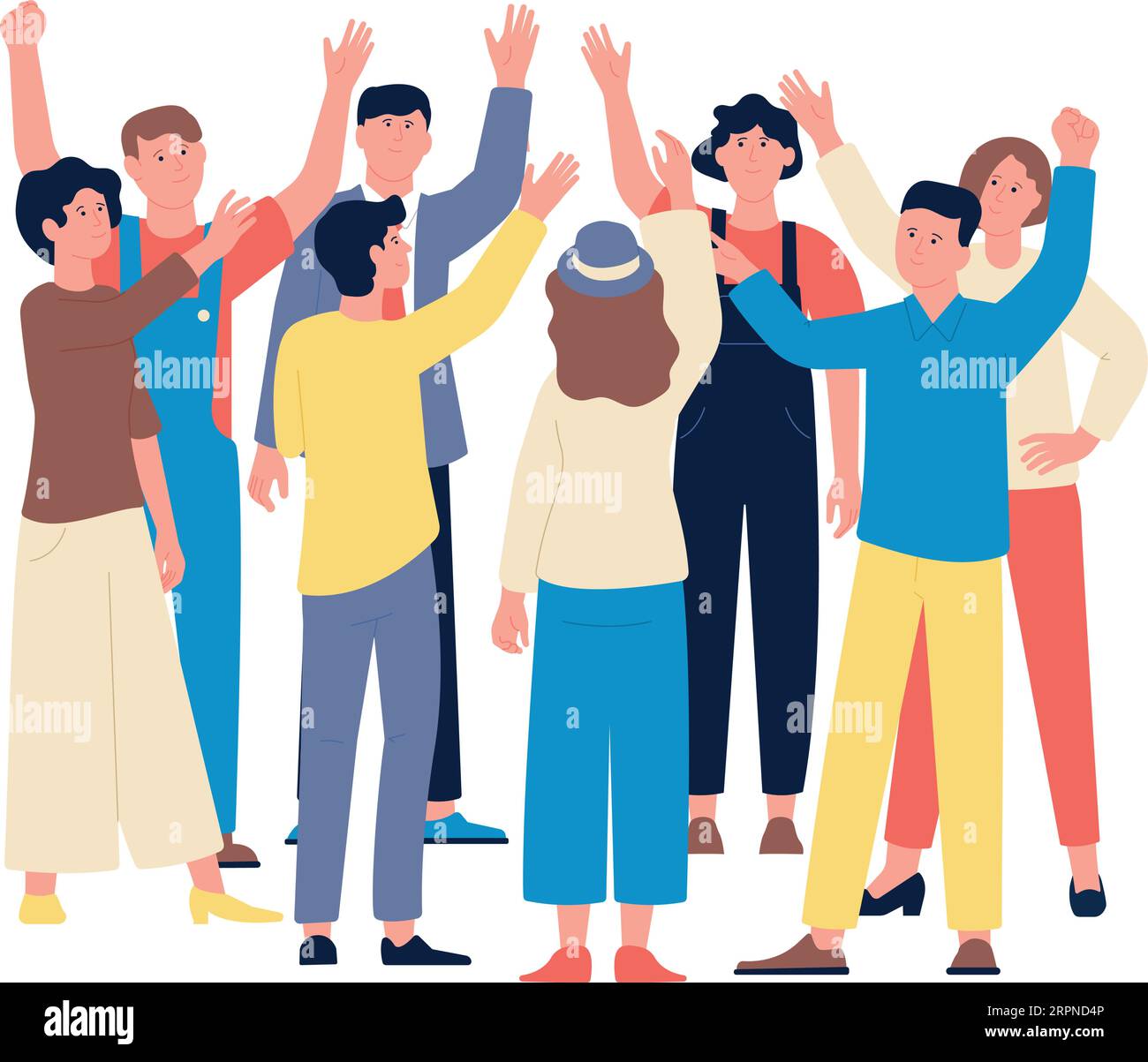 People raising hand. Man and woman stand in circle Stock Vector Image ...