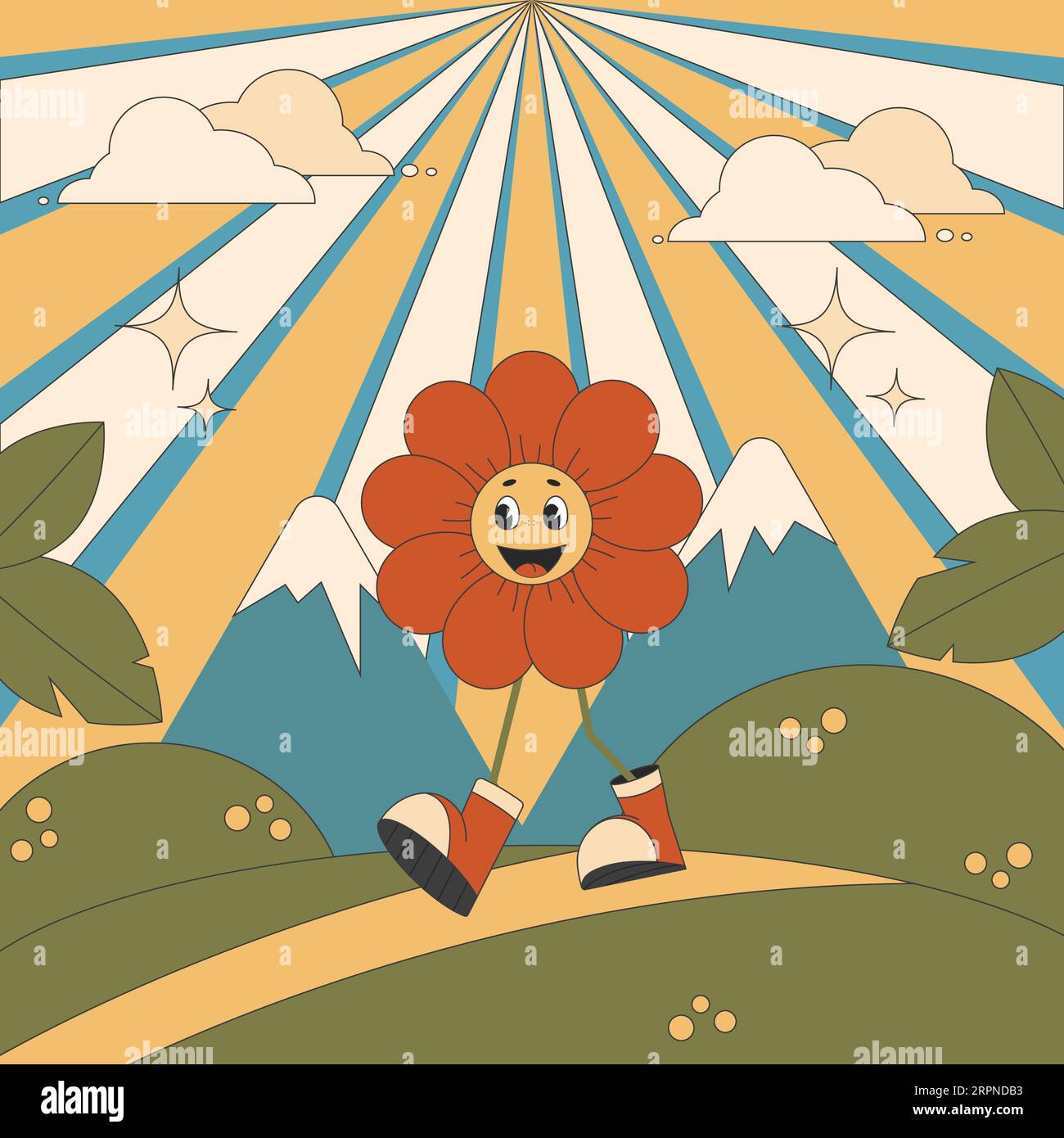 Groovy retro poster flower cute character walk in nature. Vector ...