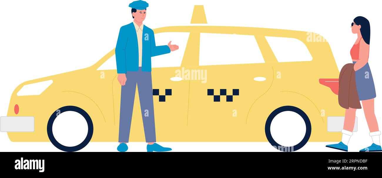 Taxi driver greeting passenger. Yellow car icon Stock Vector Image ...