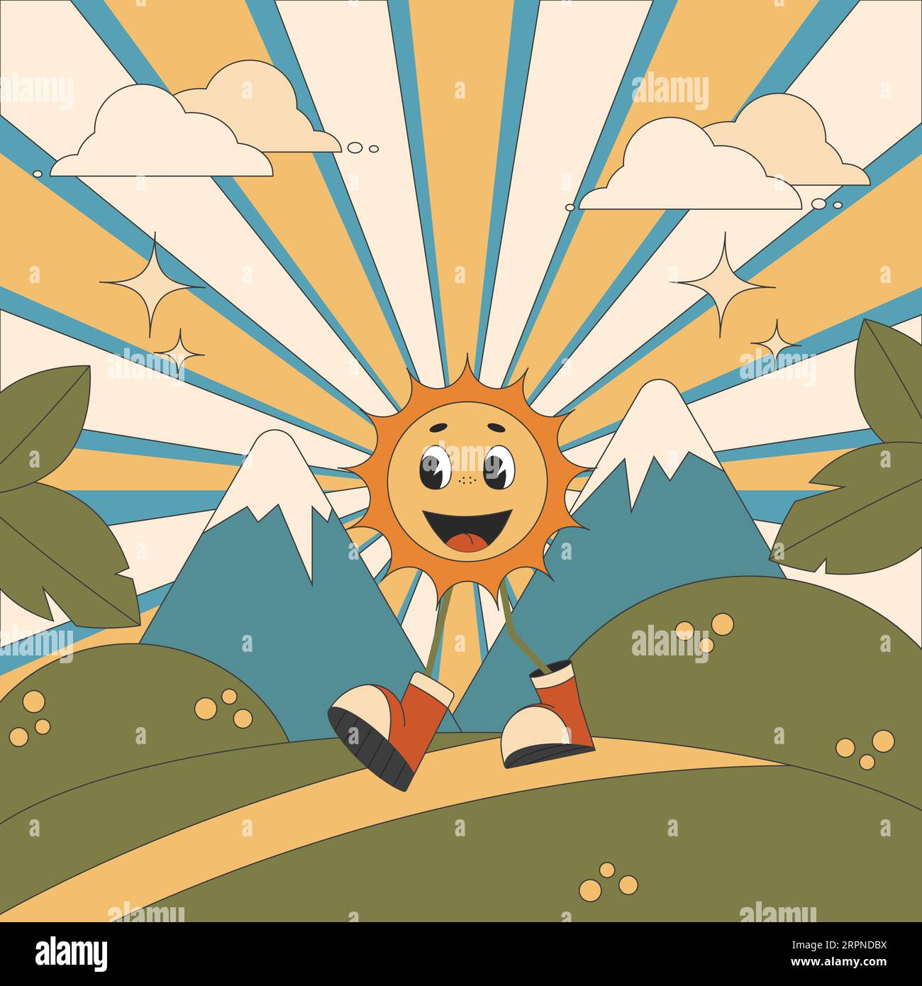Groovy retro poster sun cute character walking in nature. Vector ...