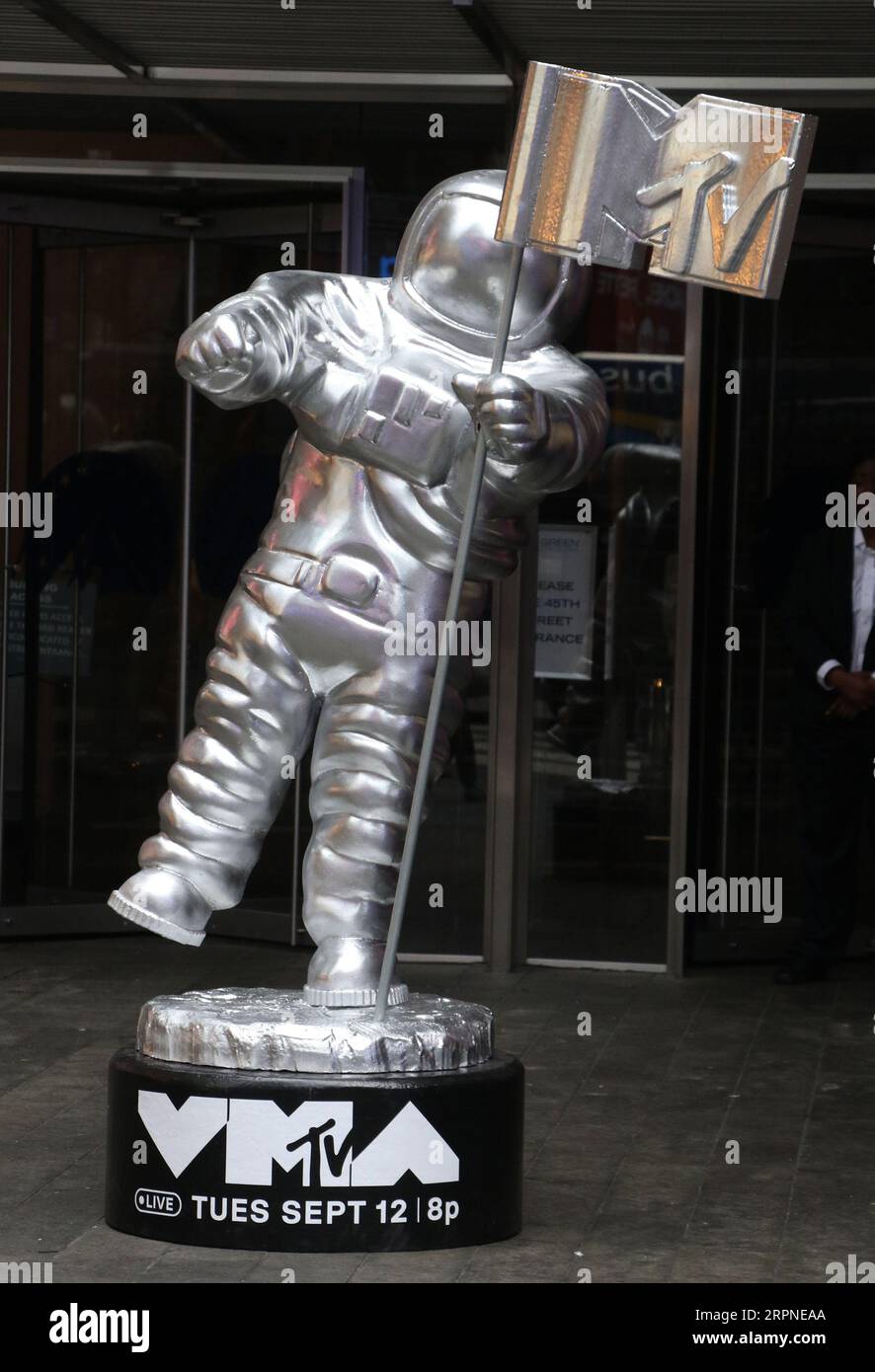 New York, NY, USA. 4th Sep, 2023. MTV Moon man on display in front of ...