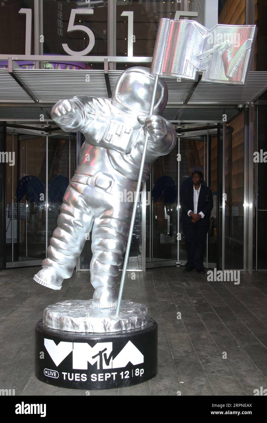 New York, NY, USA. 4th Sep, 2023. MTV Moon man on display in front of ...