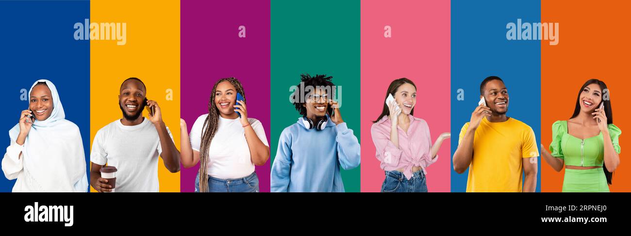Collage of multiethnic diverse people talking on cell phones Stock ...