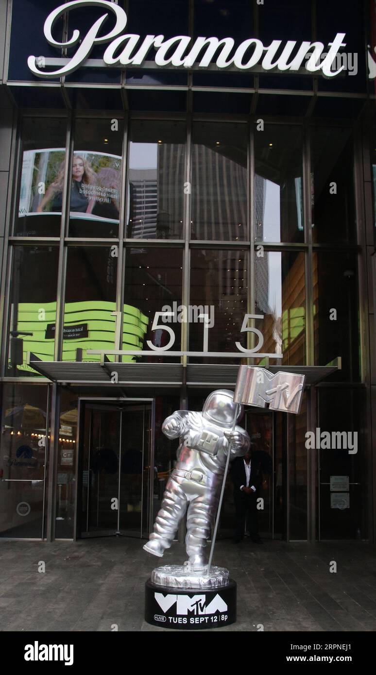New York, NY, USA. 4th Sep, 2023. MTV Moon man on display in front of ...