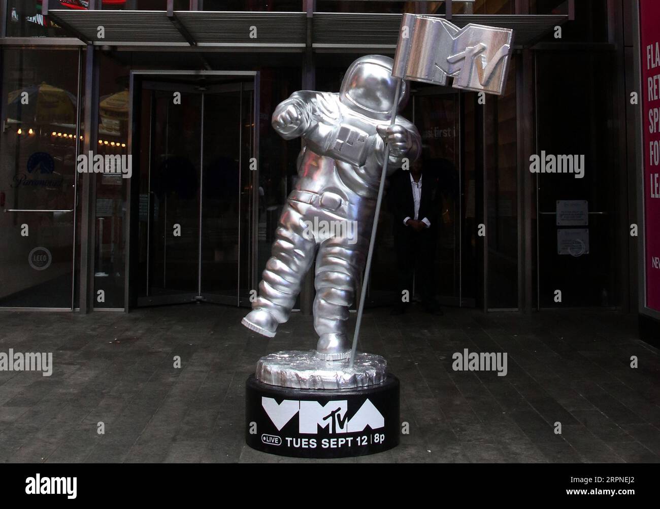 New York, NY, USA. 4th Sep, 2023. MTV Moon man on display in front of ...
