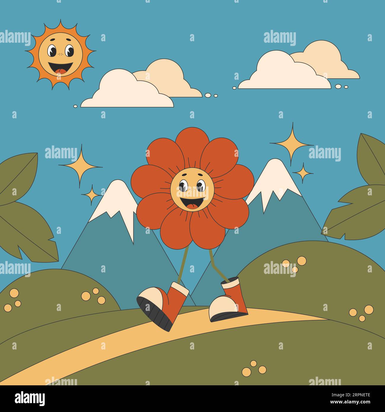 Groovy retro poster flower cute character walk in nature. Vector ...