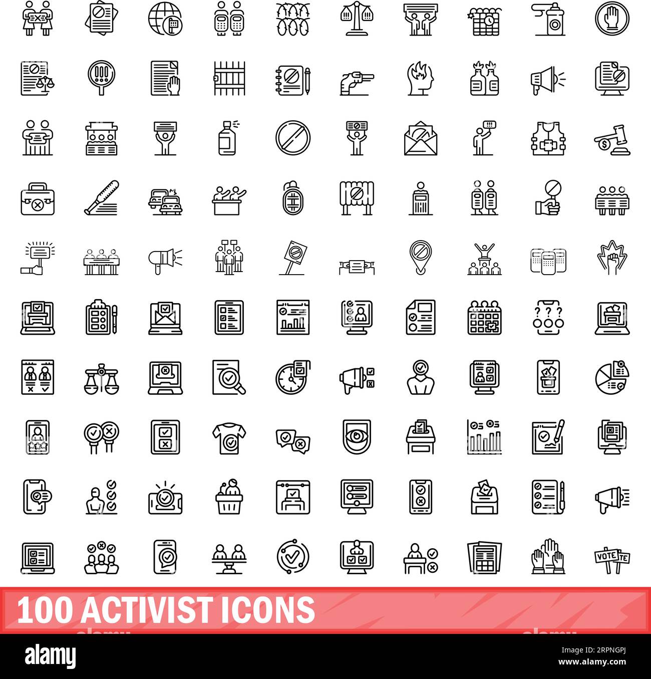100 activist icons set. Outline illustration of 100 activist icons ...