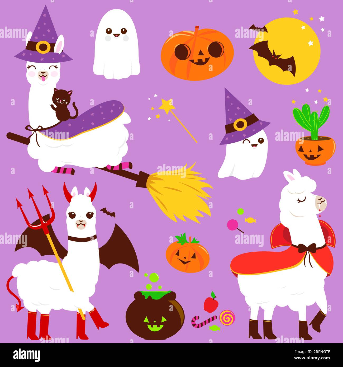 Collection of cute llamas in Halloween costumes, treats, candy and ...