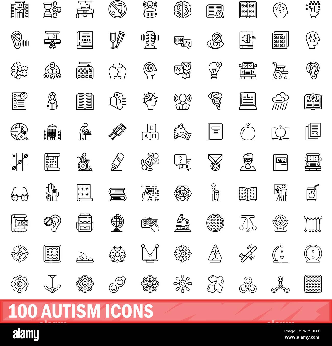 100 autism icons set. Outline illustration of 100 autism icons vector ...