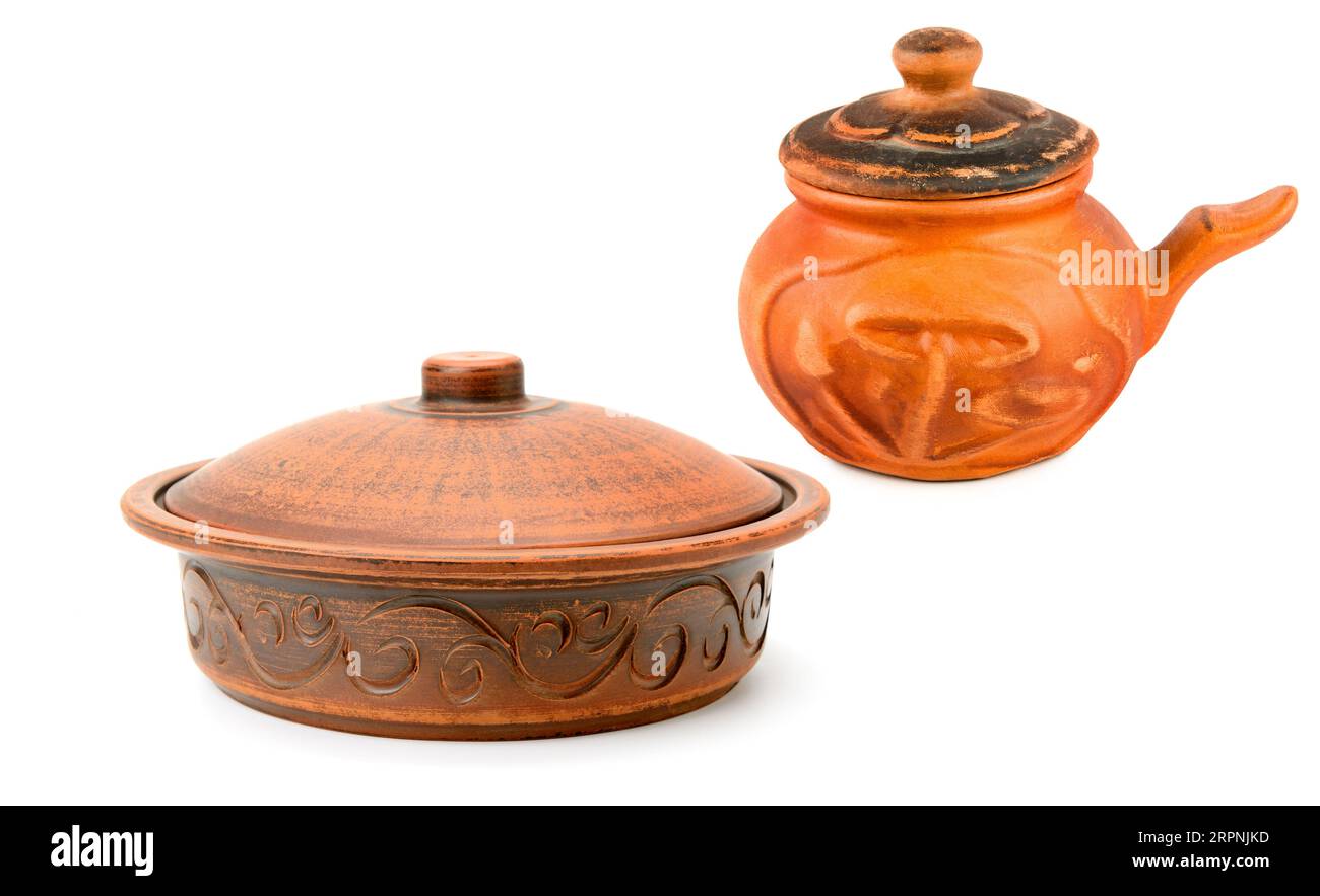 Set of clay pots with lids isolated on white background. Collage. Free ...