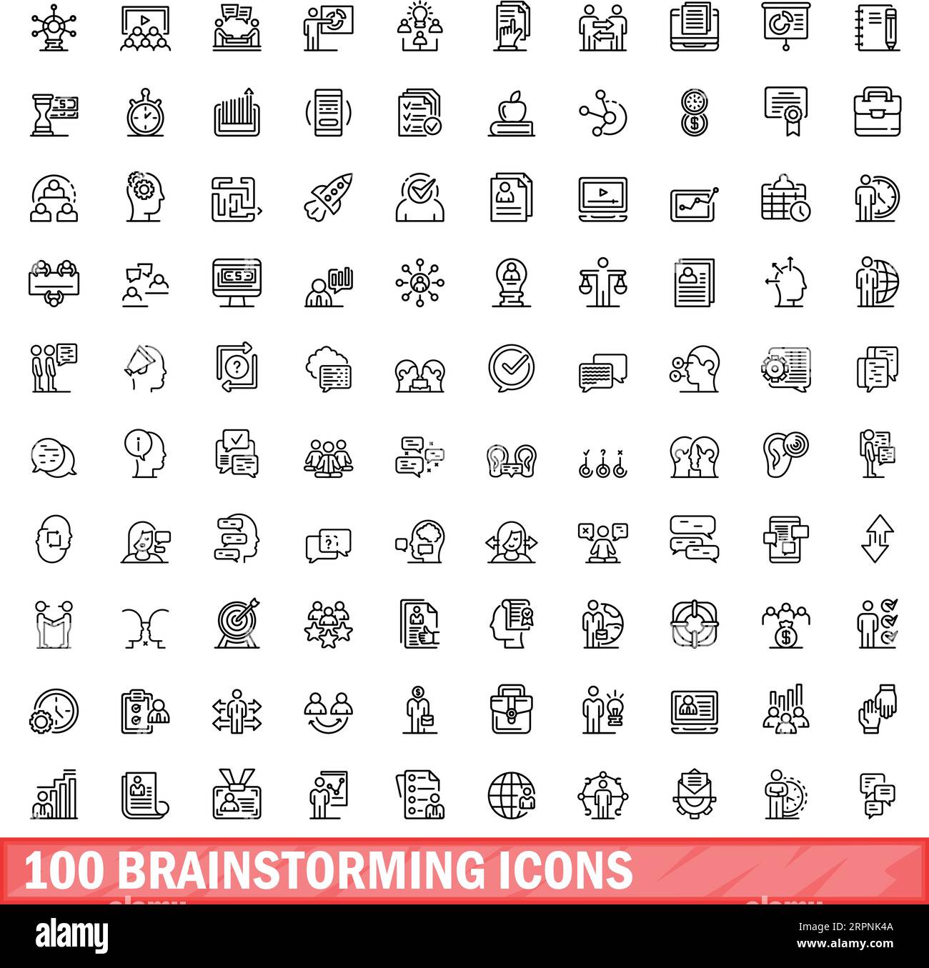 100 brainstorming icons set. Outline illustration of 100 brainstorming ...