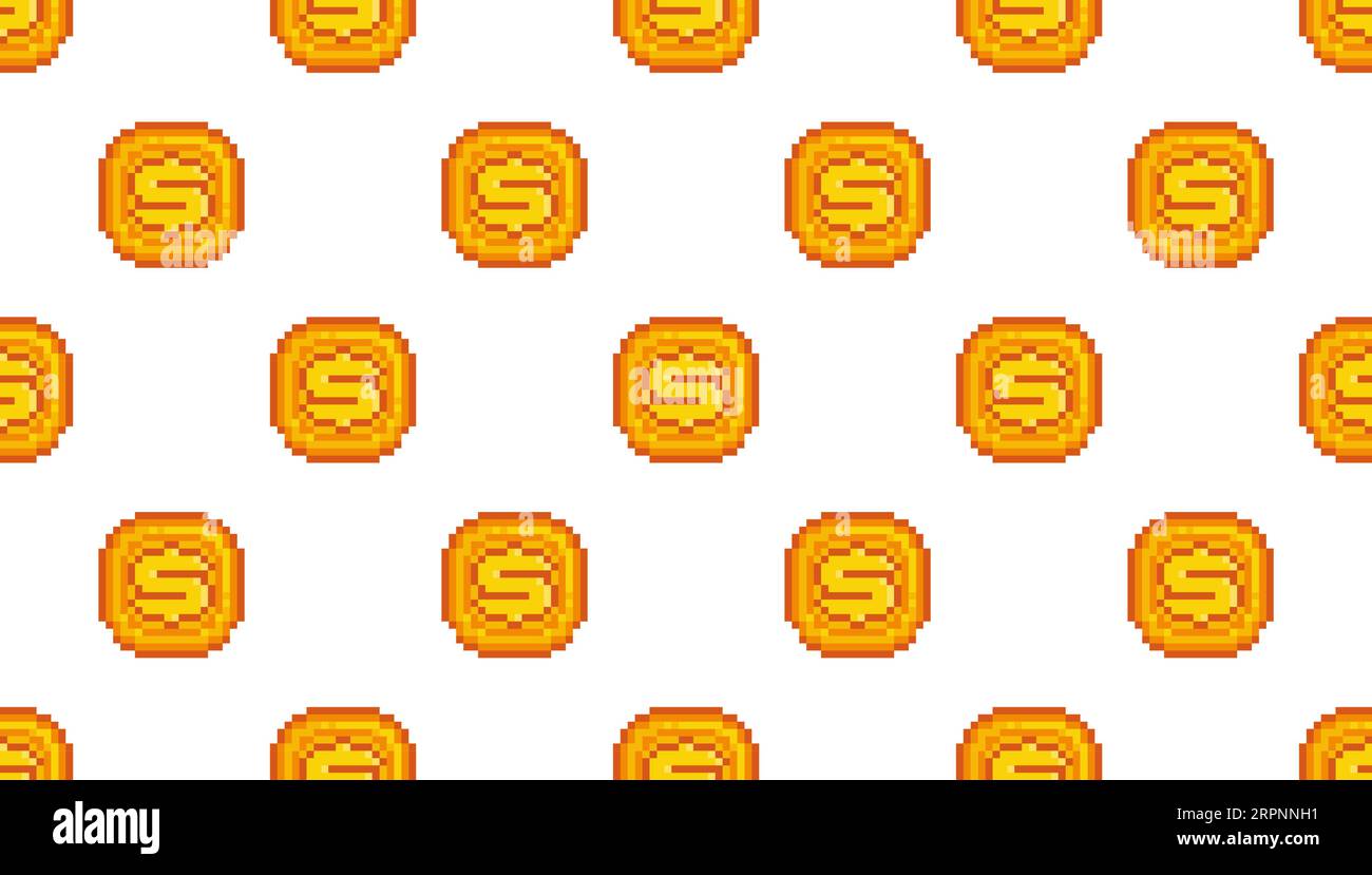 Pixel dollar coin seamless pattern. Gold coins money background. Vector ...