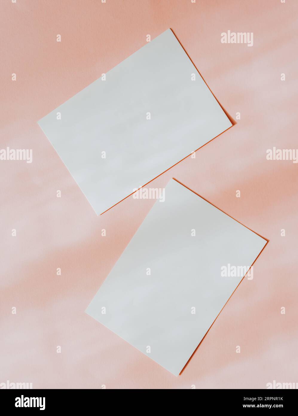 Flat lay of two blank cards sheet on aesthetic pastel pink background ...