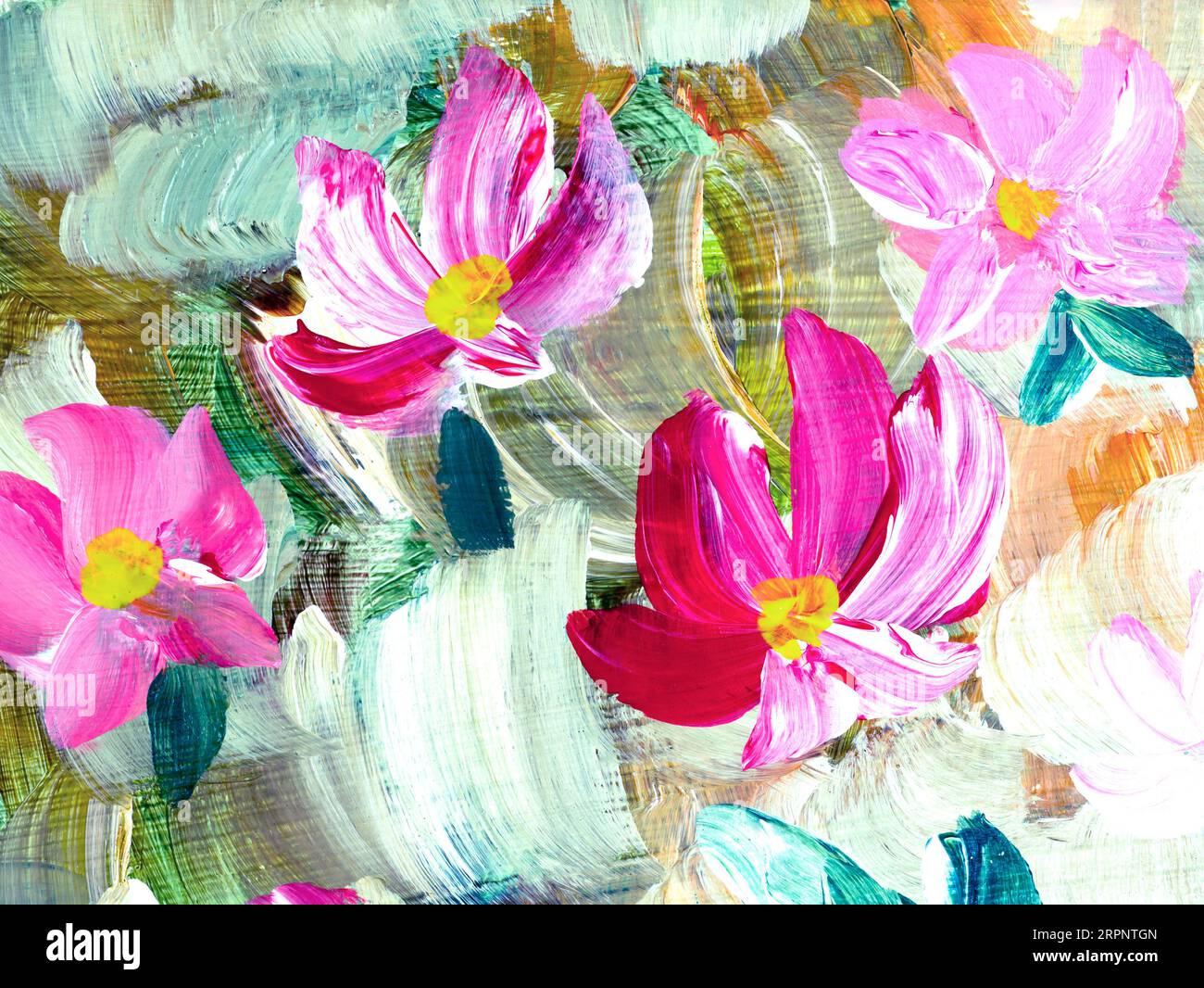 Abstract pink flowers, original hand drawn, impressionism style, color ...