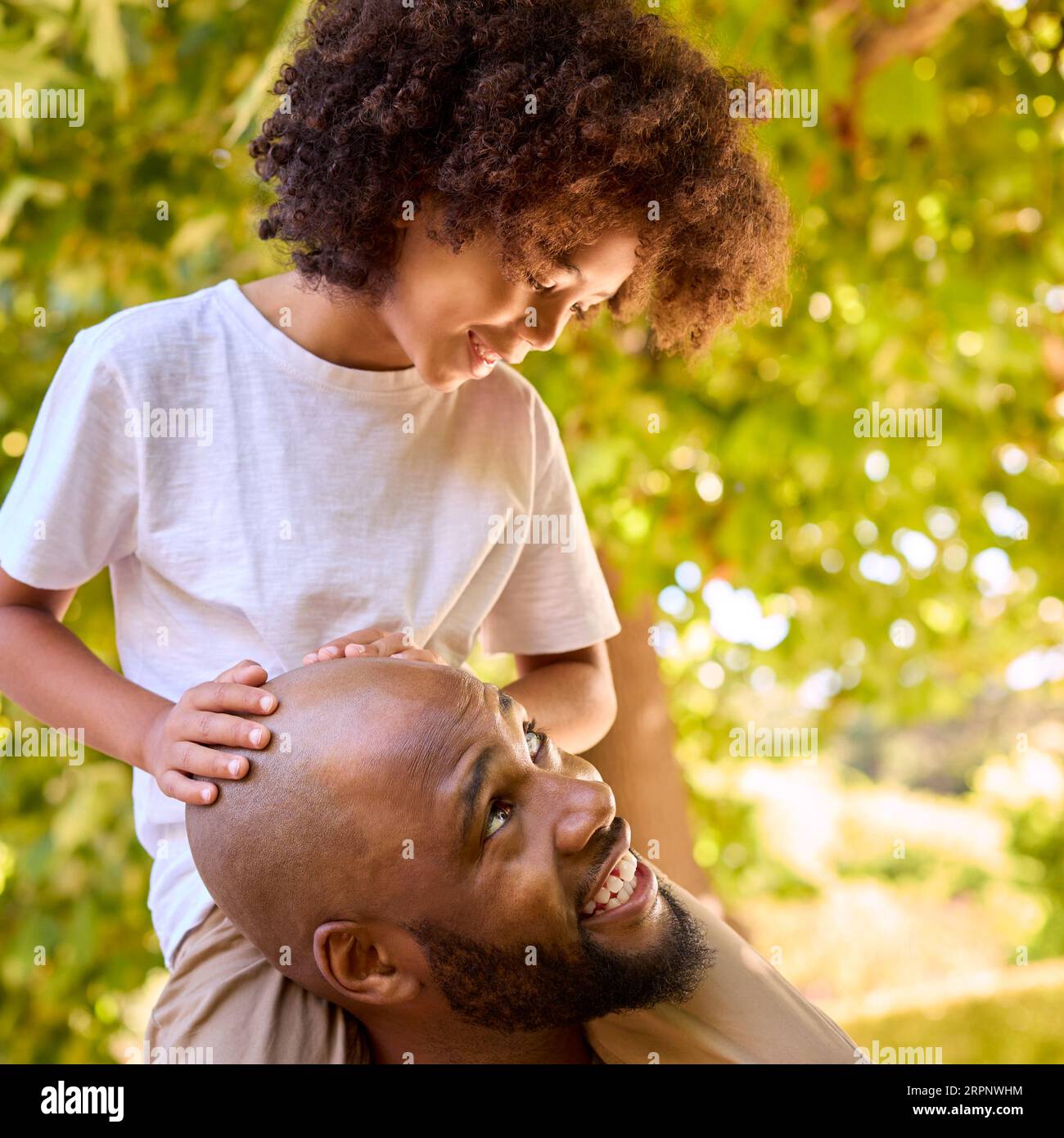 Father And Son In Summer Garden With Boy Riding On Dads Shoulders Stock ...