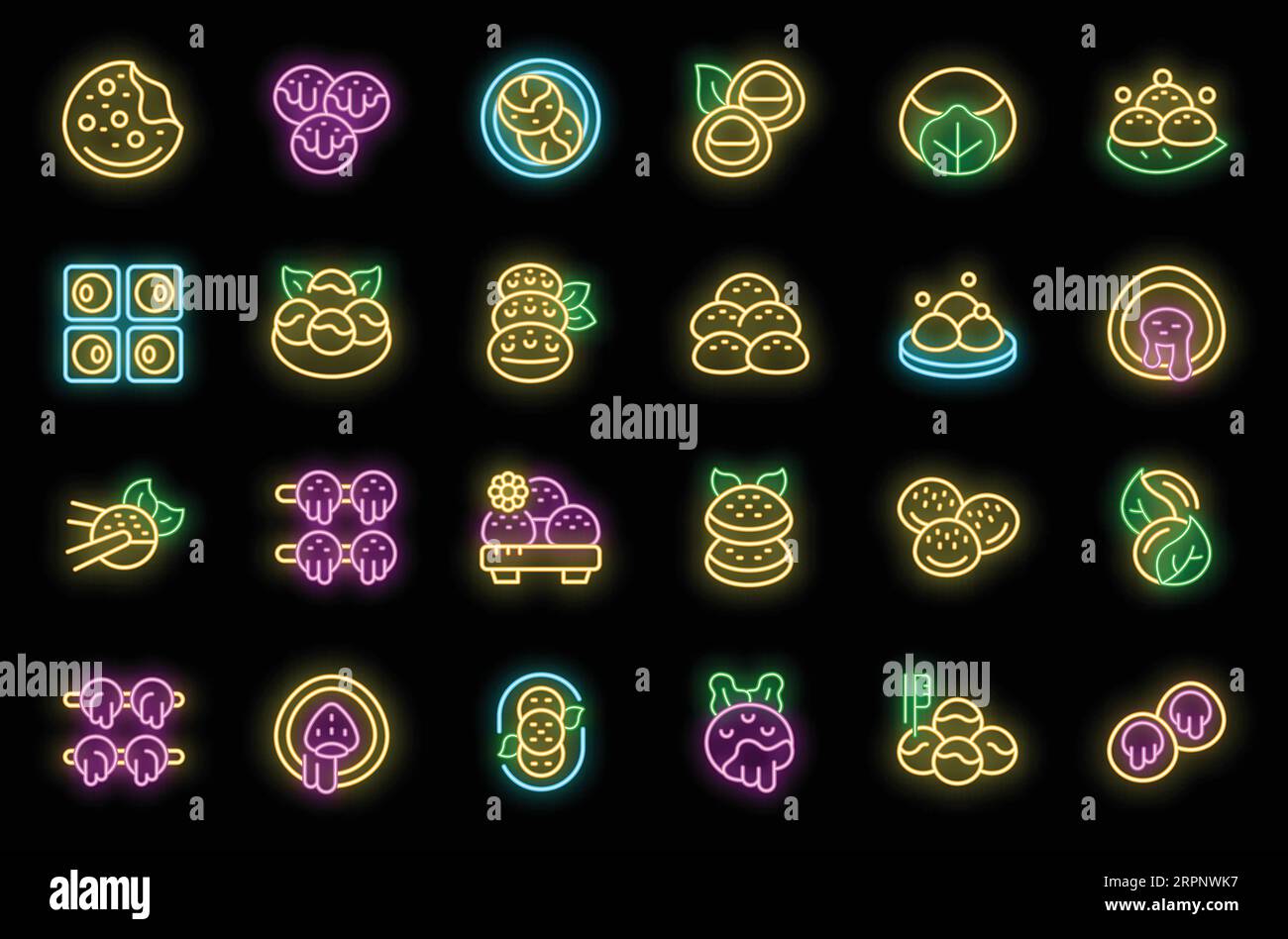 Mochi icons set outline vector. Japan food. Event menu neon color on ...