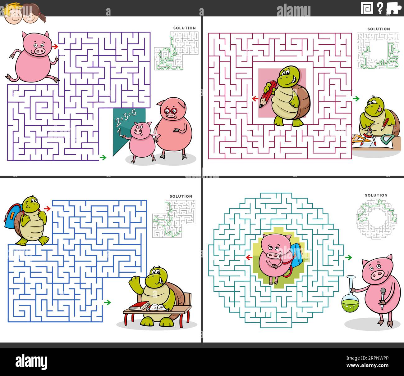 Cartoon illustration of educational maze puzzle activities set with ...