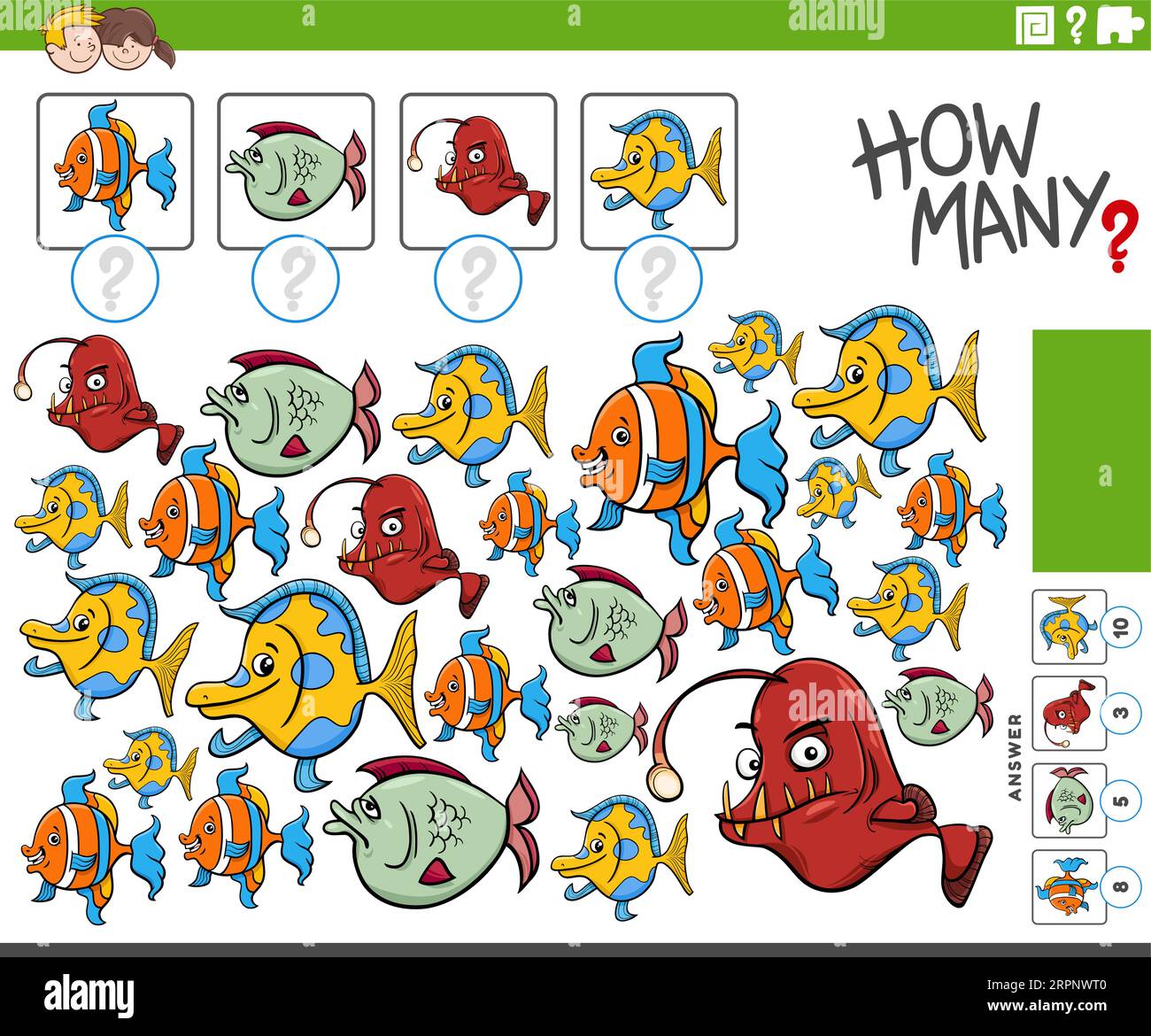 Cartoon illustration of educational counting game with fish animal ...