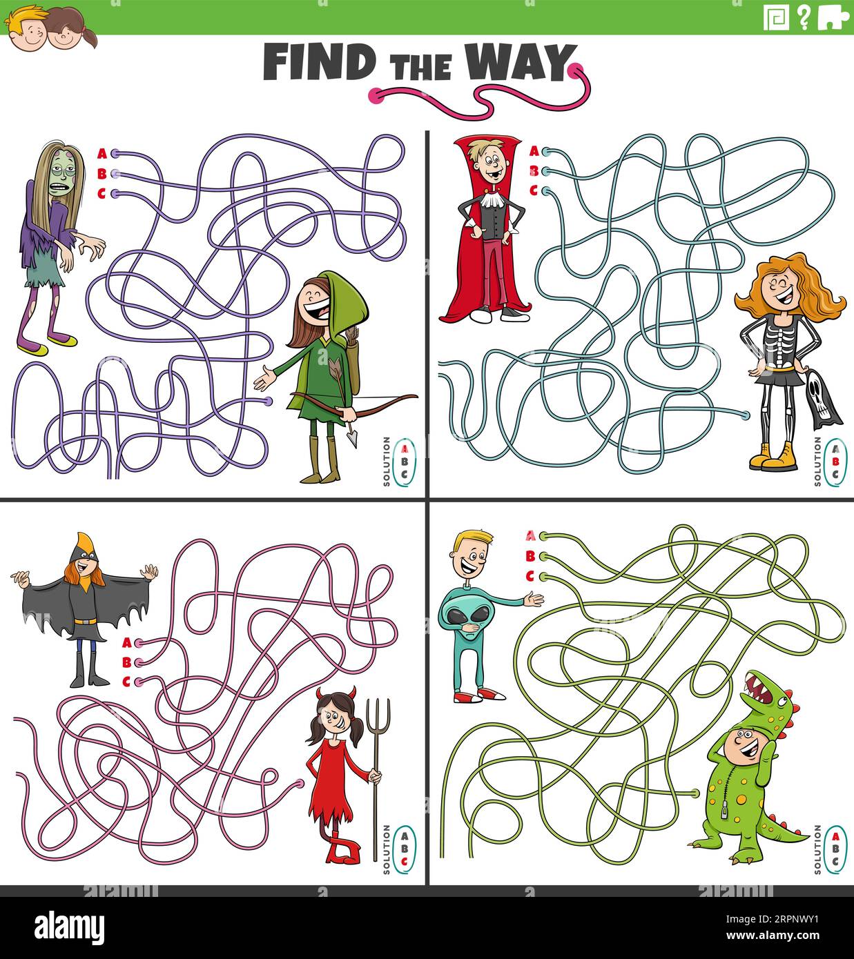 Cartoon illustration of find the way maze puzzle games set with ...