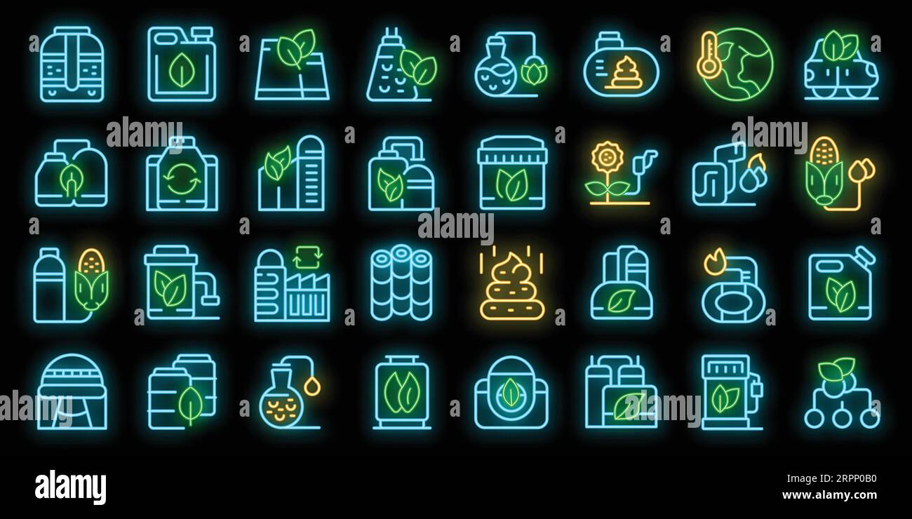 Biogas icons set outline vector. Energy biofuel. Corn plant neon color ...