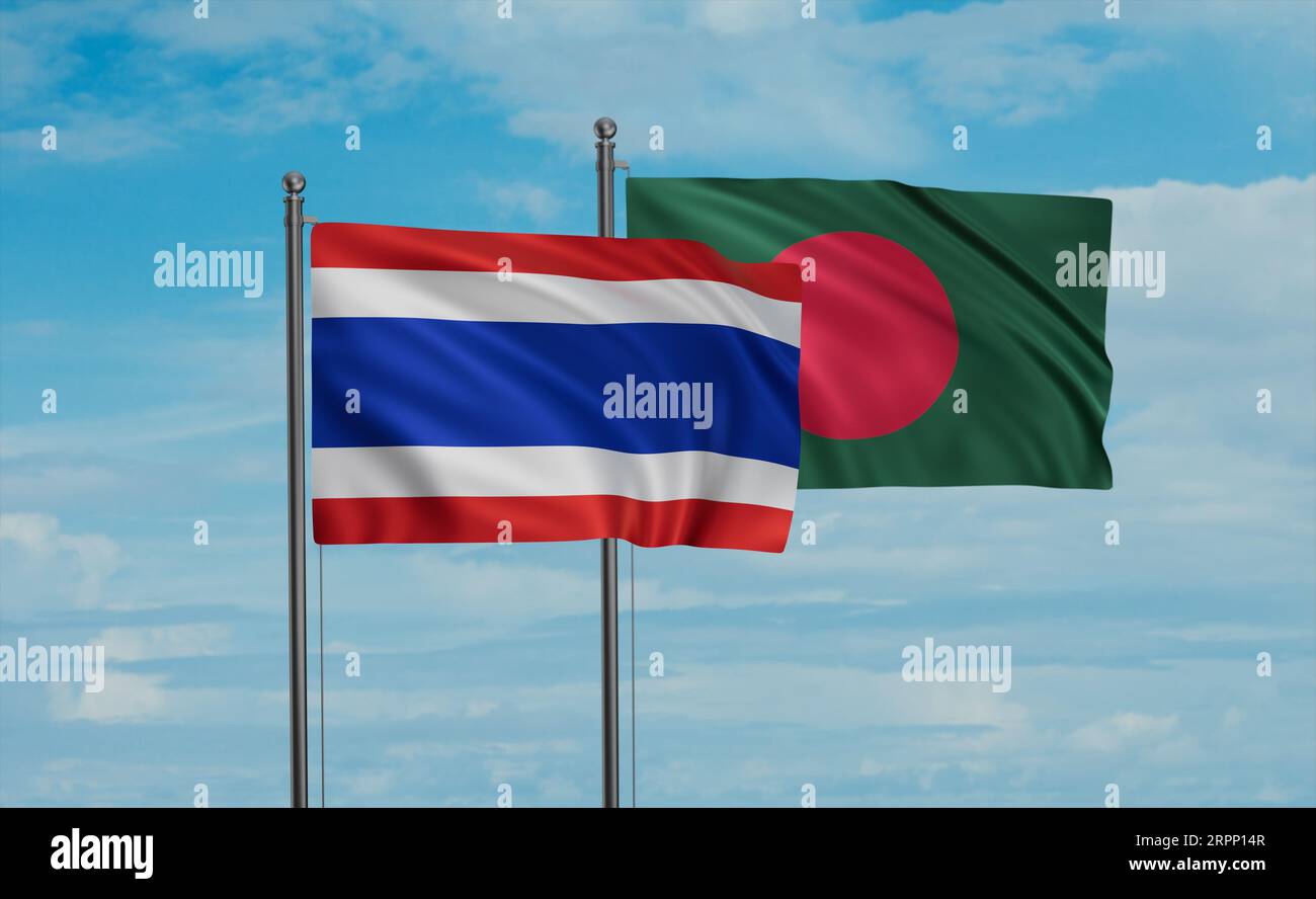 Bangladesh flag and Thailand flag waving together on blue sky, two ...