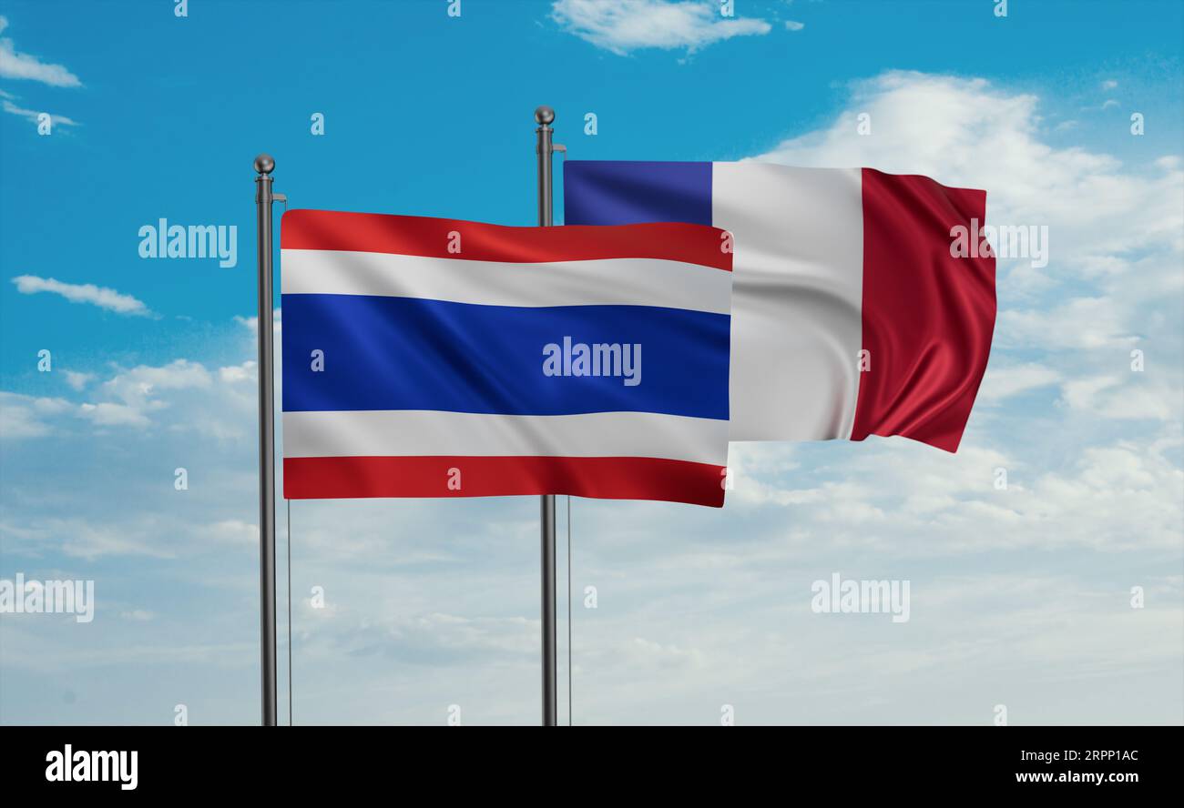 Thailand and France flags waving together on blue sky, two country ...
