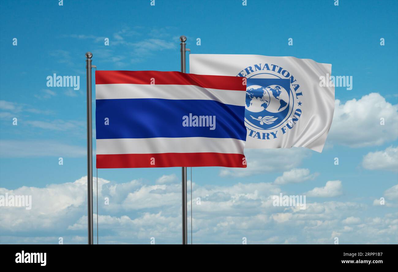 IMF International Monetary Fund flag and Thailand flag waving together ...