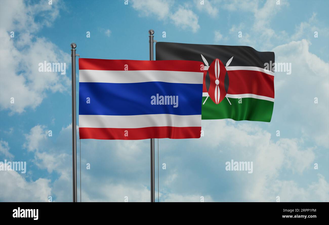 Kenya flag and Thailand flag waving together on blue sky, two country ...