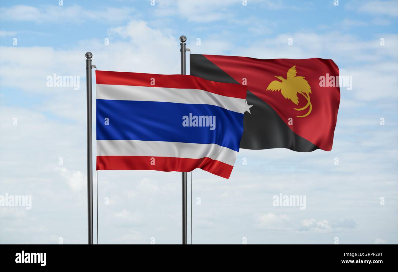 Papua New Guinea flag and Thailand flag waving together on blue sky ...