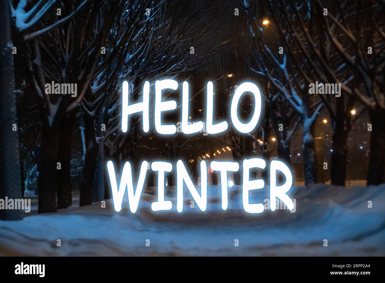 Winter background. Hello Winter lettering inscription. Winter night ...