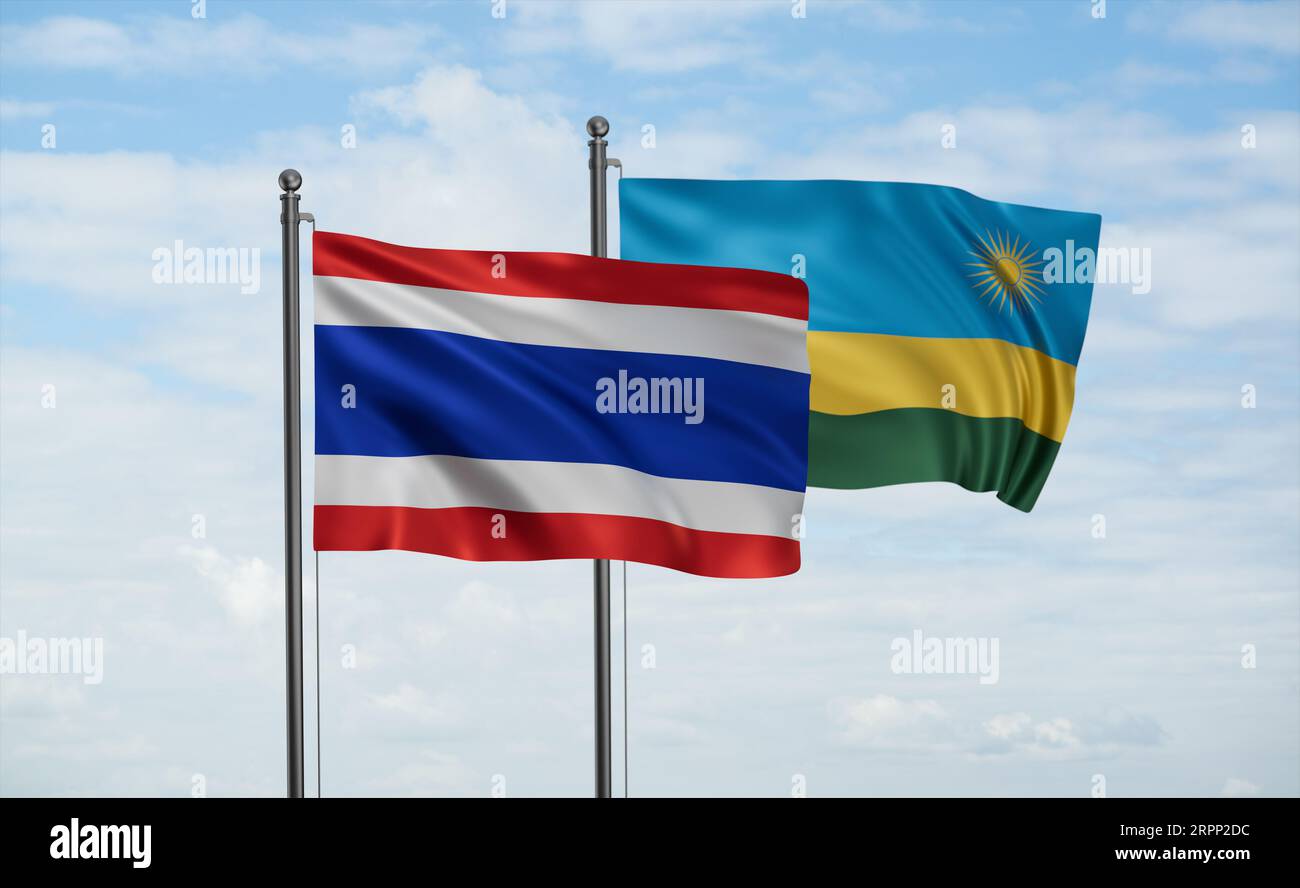 Republic of Rwanda and Thailand flag waving together in the wind on ...
