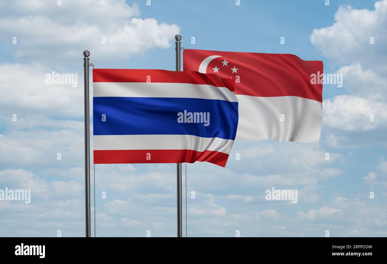 Republic of Singapore and Thailand flag waving together in the wind on ...