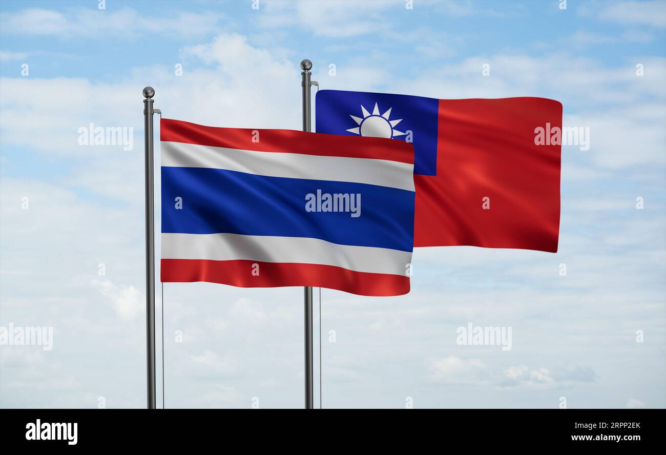 Taiwan and Thailand flag waving together in the wind on blue sky, two ...