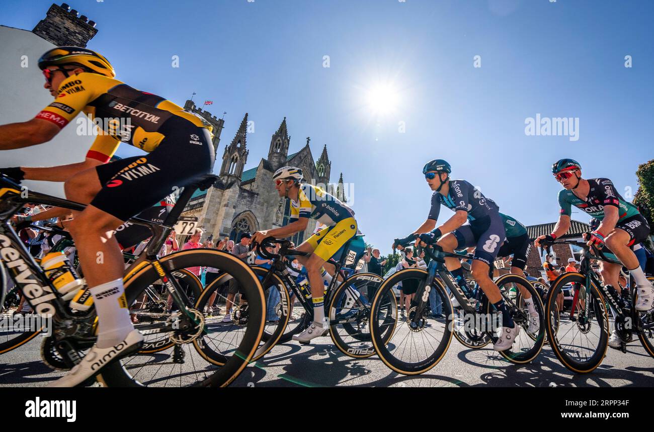 The peloton passes Howden Minster during stage three of the 2023 Tour ...