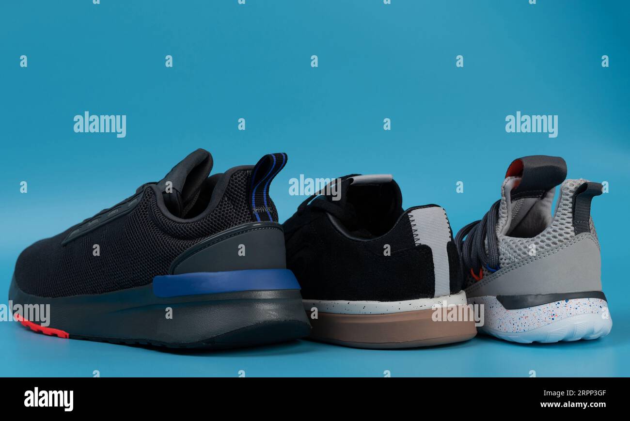 New sport shoes line back view isolated on blue studio background Stock ...
