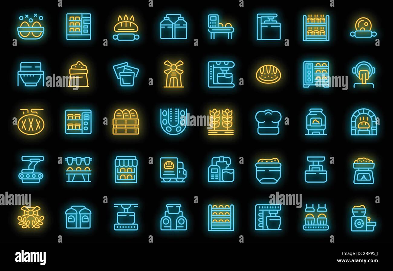 Bread production icons set outline vector. Cake machine. Oven pastry ...