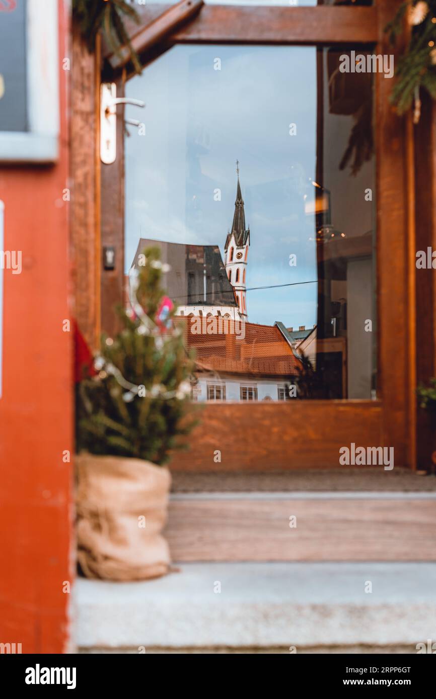 Bohemian architecture in Cesky Krumlov, Czech Republic. Reflection on ...