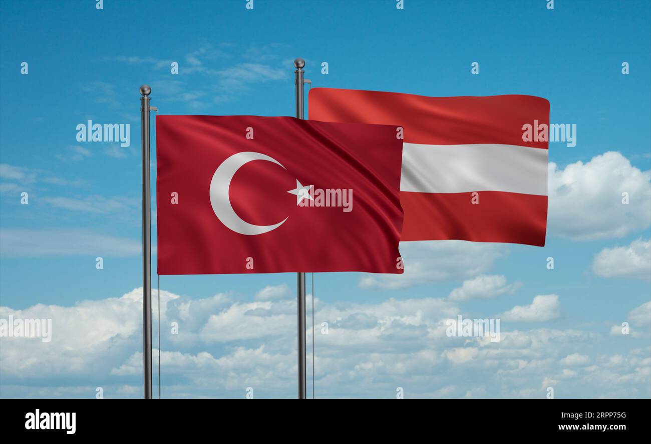 Austria flag and Turkey flag waving together on blue sky, two country ...