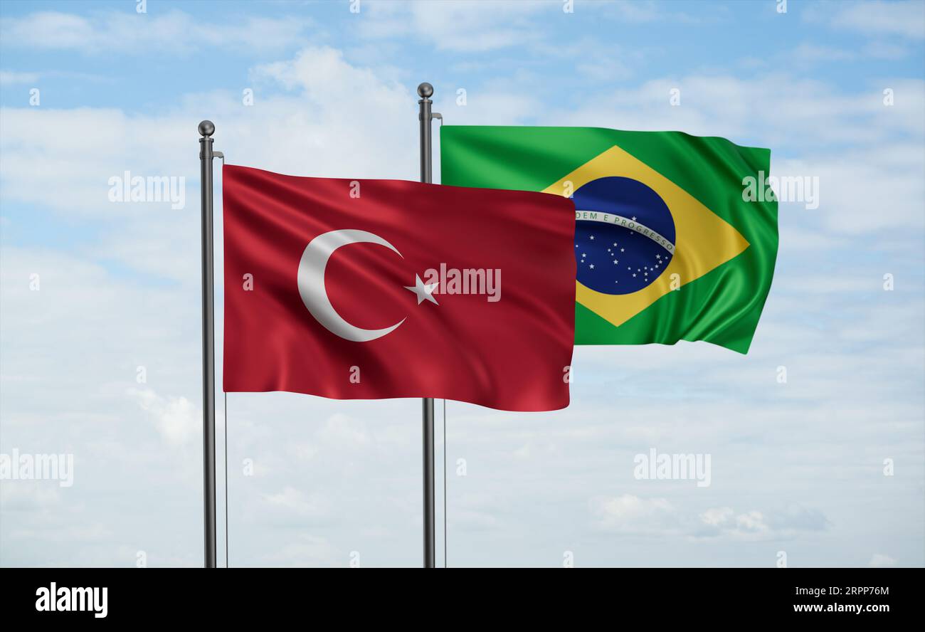 Brazil flag and Turkey flag waving together on blue sky, two country ...