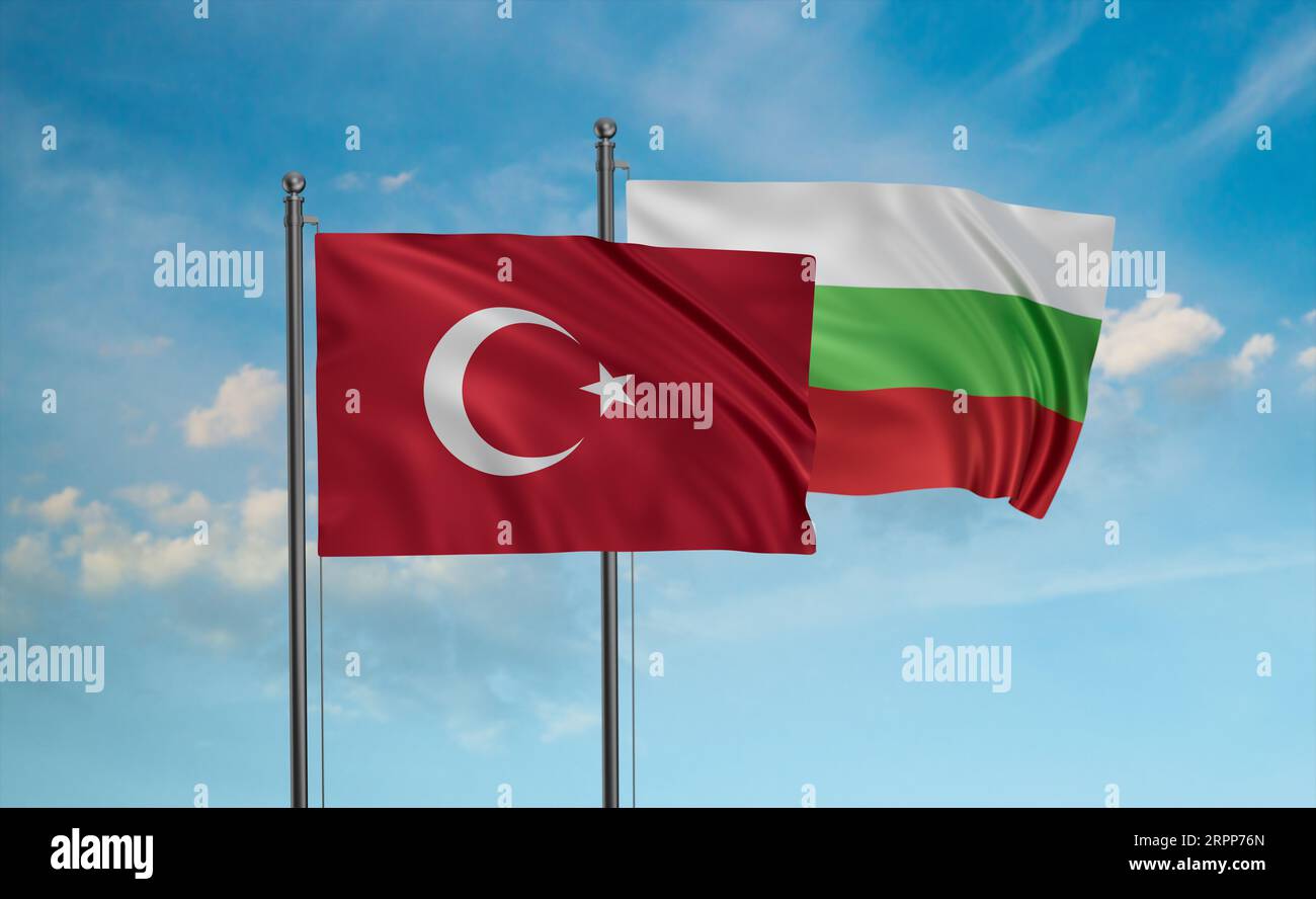 Bulgaria flag and Turkey flag waving together on blue sky, two country ...