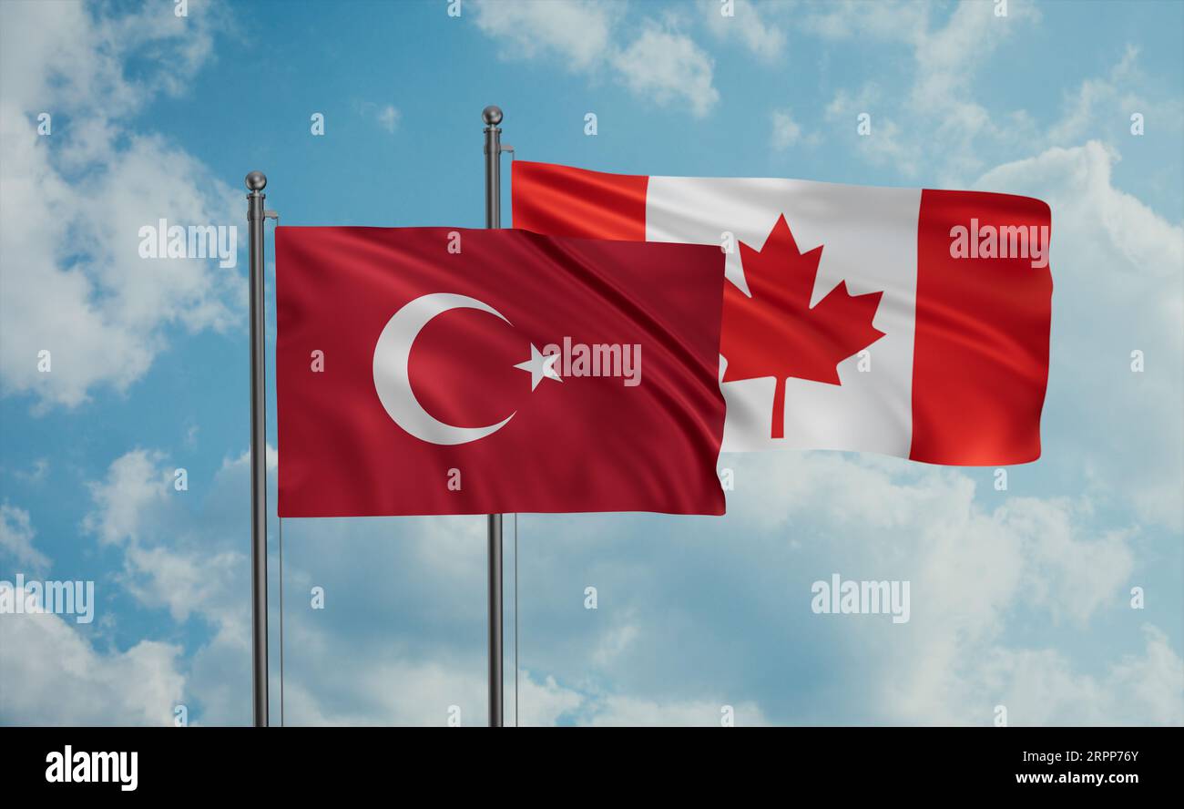 Canada and Turkey flag waving together in the wind on blue sky, two ...