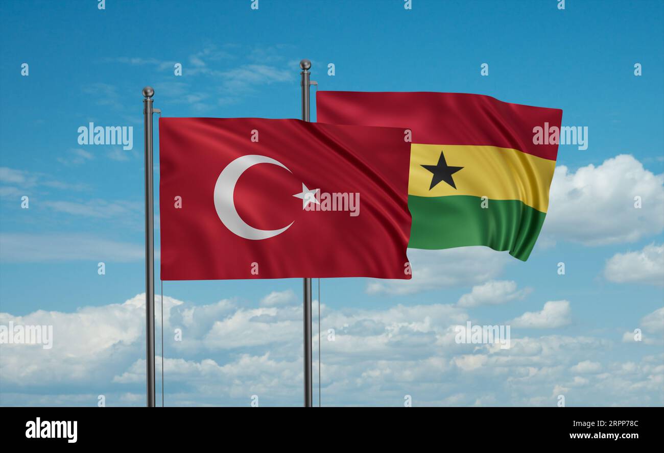 Ghana flag and Turkey flag waving together on blue sky, two country ...