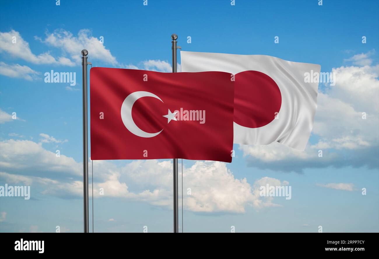Japan flag and Turkey flag waving together on blue sky, two country ...