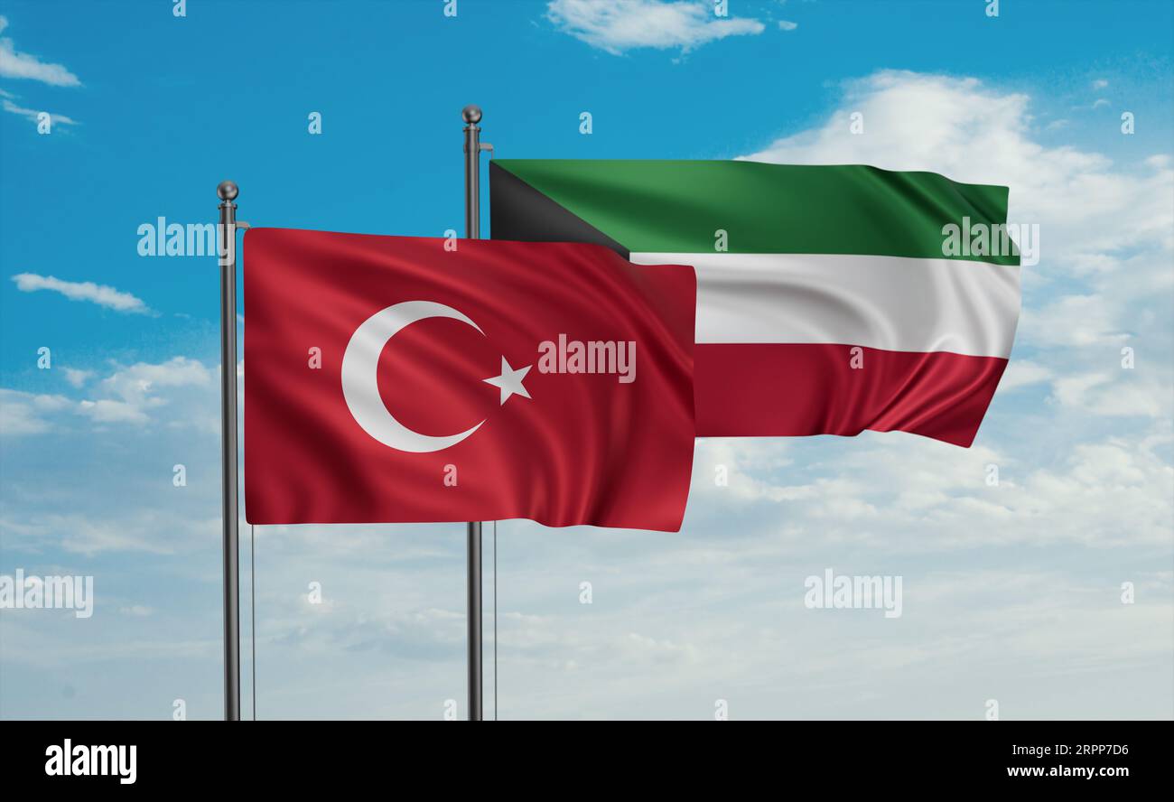 Kuwait and Turkey flag waving together in the wind on blue sky, two ...