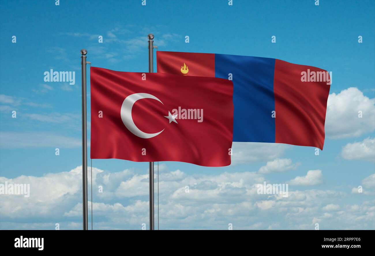Mongolia and Turkey flag waving together in the wind on blue sky, two ...