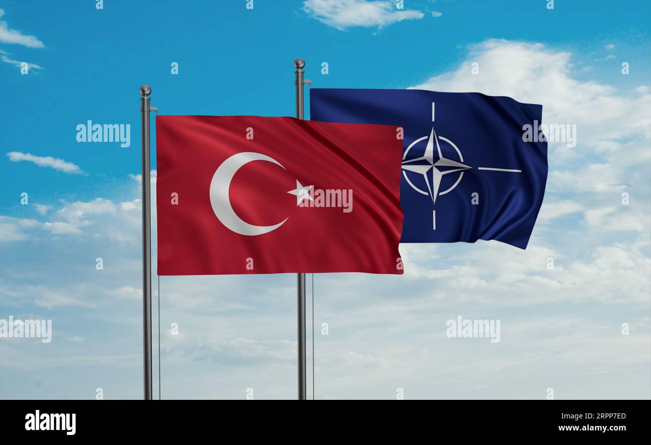 NATO flag and Turkey flag waving together on blue sky Stock Photo - Alamy