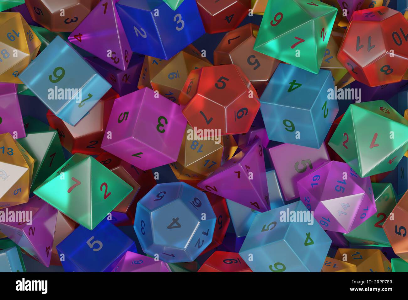 Dice in the shape of regular polyhedrons. Background. 3d illustration ...